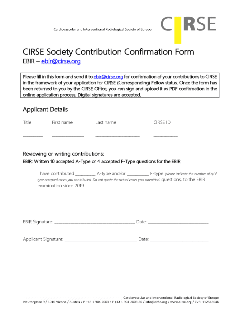 Fillable Online CIRSE Society Contribution Confirmation Form Fax Email ...