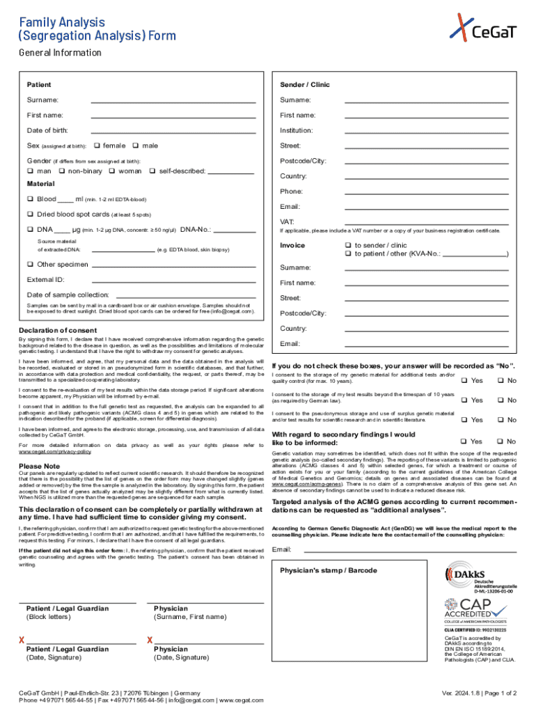 Fillable Online Family Analysis (Segregation Analysis) Form Fax Email ...