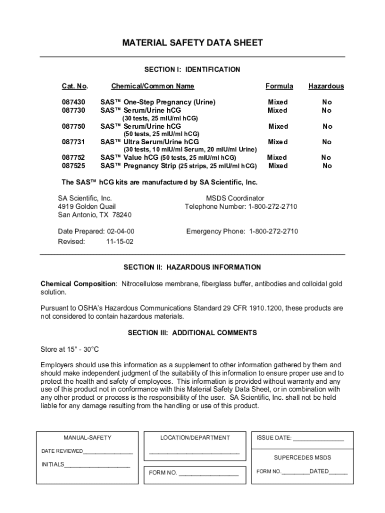 Fillable Online SAFETY DATA SHEET - SAS hCG CONTROL SETS ... Fax Email Print - pdfFiller