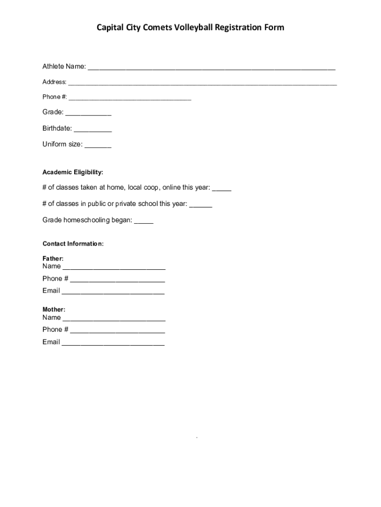 Fillable Online Capital City Comets Volleyball Registration Form Fax ...