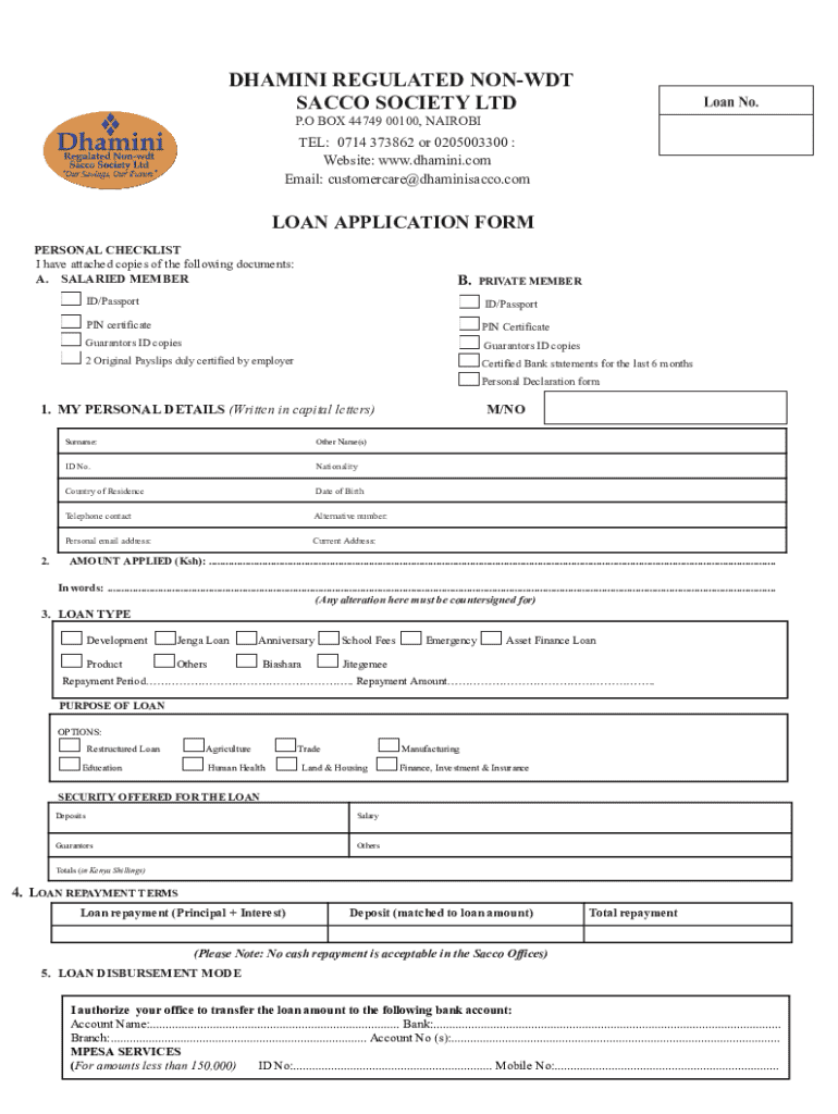 Fillable Online Loan Application Form - Dhamini (NWDT) Sacco Society ...