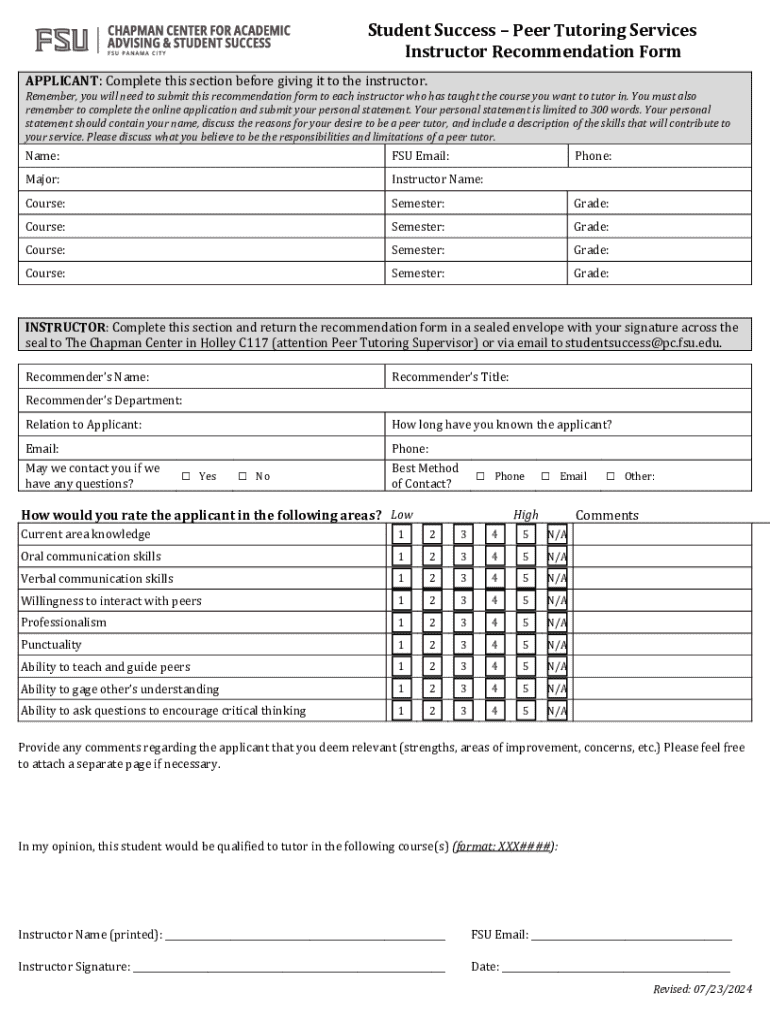 Fillable Online Peer Tutoring Services Instructor Recommendation Form Fax Email Print - pdfFiller