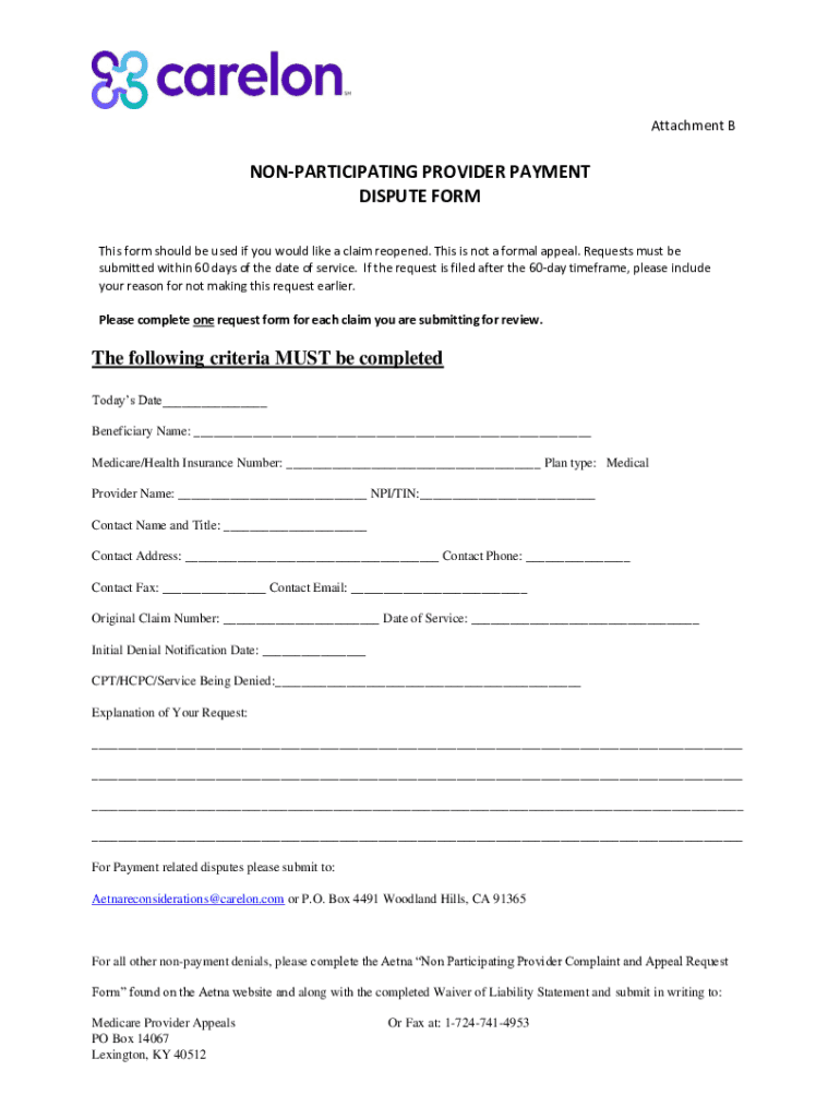 Fillable Online non-participating provider payment dispute form Fax ...