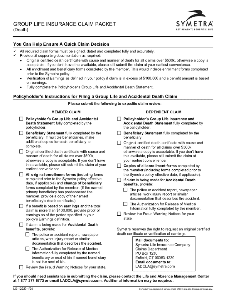 Fillable Online GROUP LIFE INSURANCE CLAIM PACKET - Advisors Excel Fax ...
