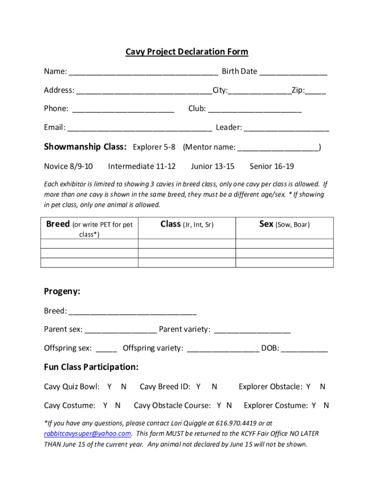 Fillable Online Cavy Project Declaration Form Progeny: Fun Class ...