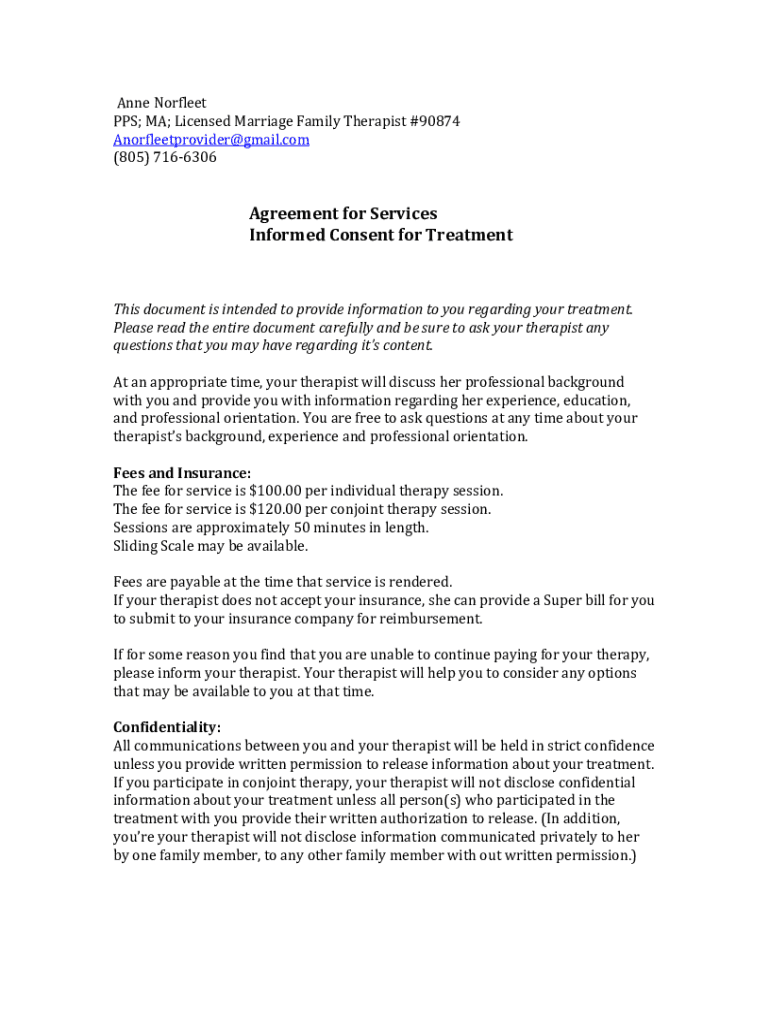 Fillable Online Anne Norfleet, Marriage & Family Therapist, Grover ...