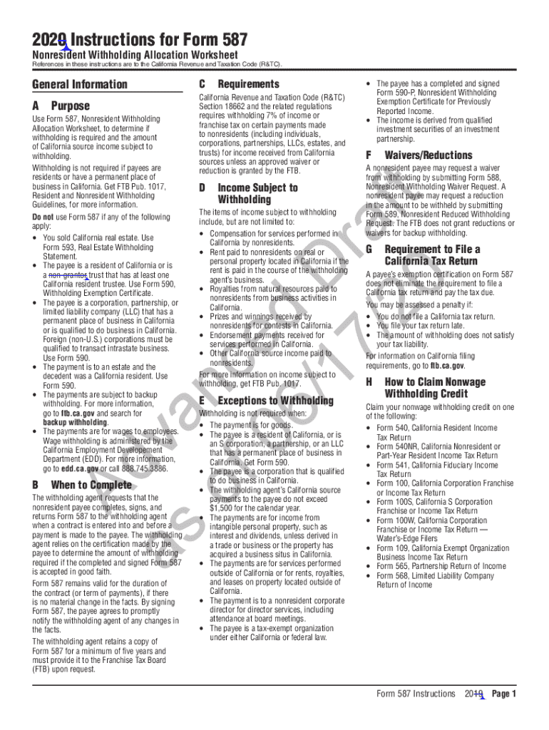 Fillable Online 2022 Instructions for Form 587 - Franchise Tax Board ...