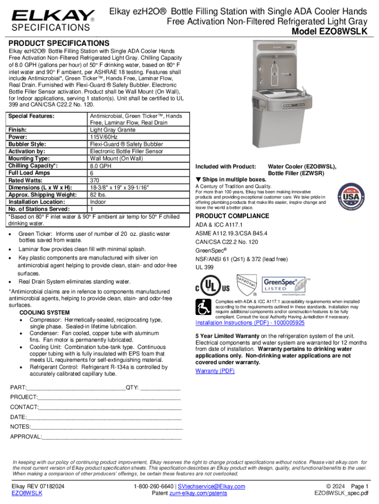 Fillable Online Elkay EZH2O Bottle Filling Non-Filtered Station with Single ... Fax Email Print ...