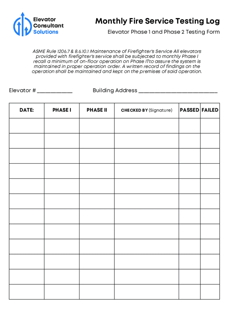Fillable Online Monthly Fire Service Log for ElevatorsOhio Department ...