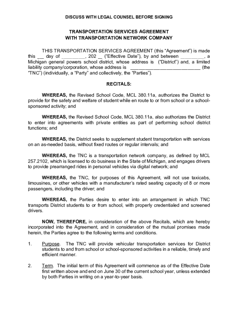 Fillable Online Transportation Service Agreement: Definition & Sample ...