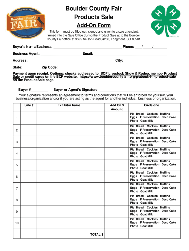 Fillable Online Boulder County Fair Products Sale - Add-On Form ...