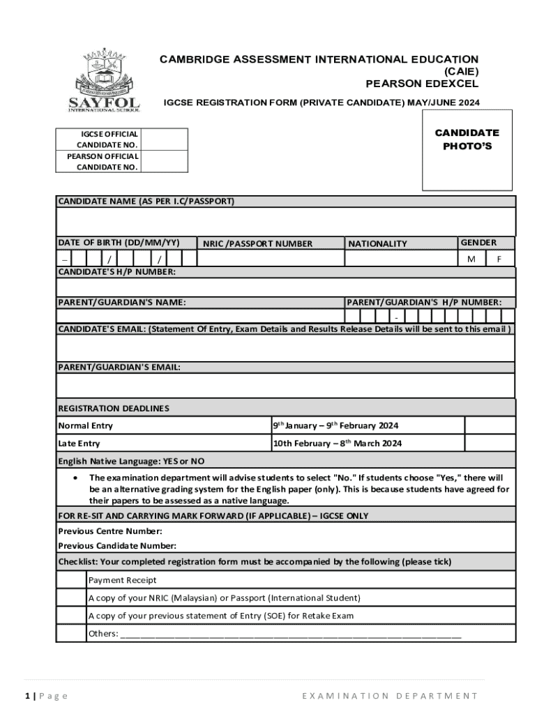 Fillable Online IGCSE & PEARSON REGISTRATION FORM PRIVATE Fax Email ...