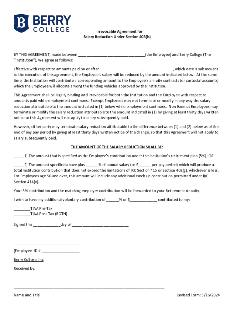 Fillable Online 403(b) SALARY REDUCTION AGREEMENT Full Name Fax Email Print - pdfFiller