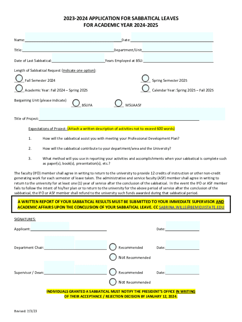 Fillable Online 2023-2024 Sabbatical Leave Application for Academic ...