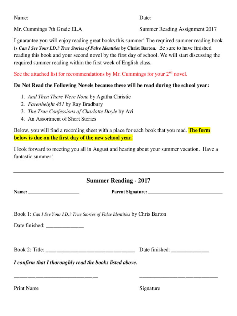 Fillable Online College summer reading..? Fax Email Print - pdfFiller