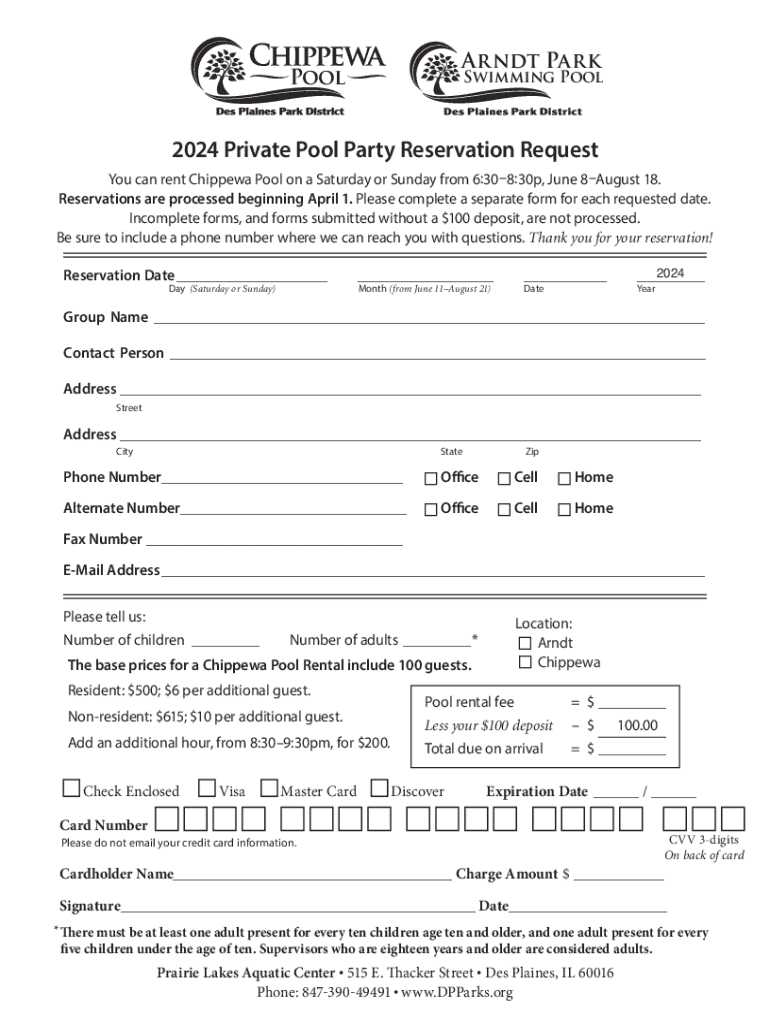 Fillable Online 2024 Private Pool Party Reservation Request Fax Email ...