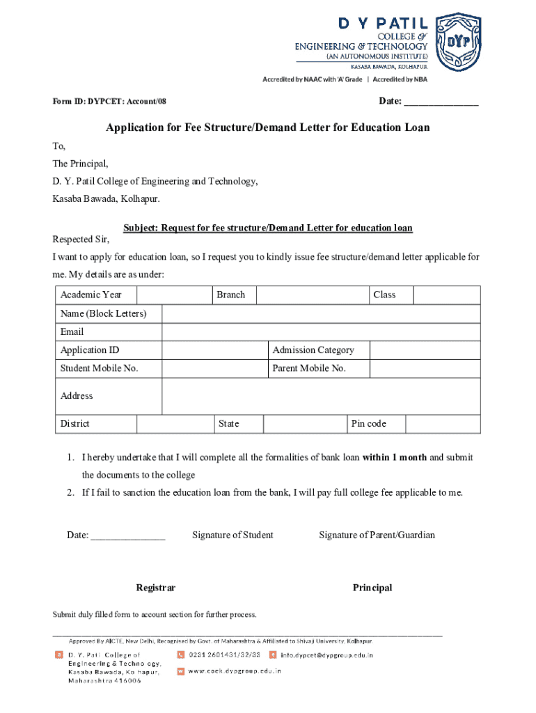 Fillable Online Application for Fee Structure/Demand Letter for ...