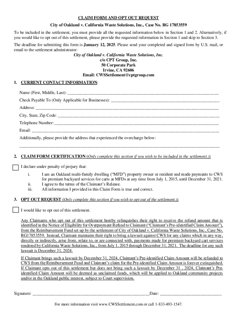 Fillable Online CLAIM FORM AND OPT OUT REQUEST City of Oakland v ...
