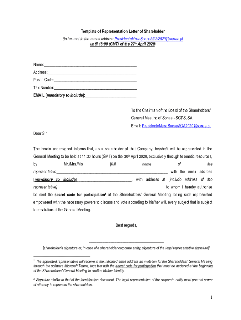 Fillable Online Template of Representation Letter of Shareholder to ...