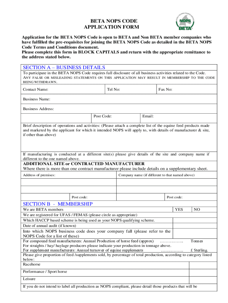 Fillable Online beta nops code for equine bedding application form Fax ...