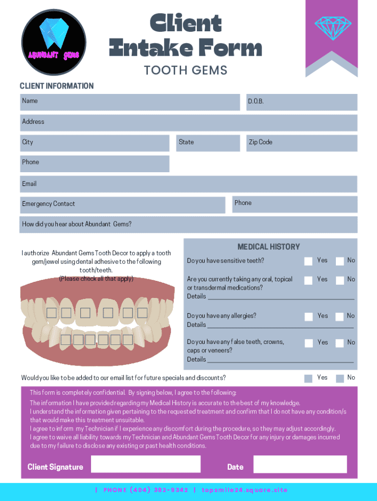 Fillable Online Tooth Gems Client Intake Form Fax Email Print - pdfFiller