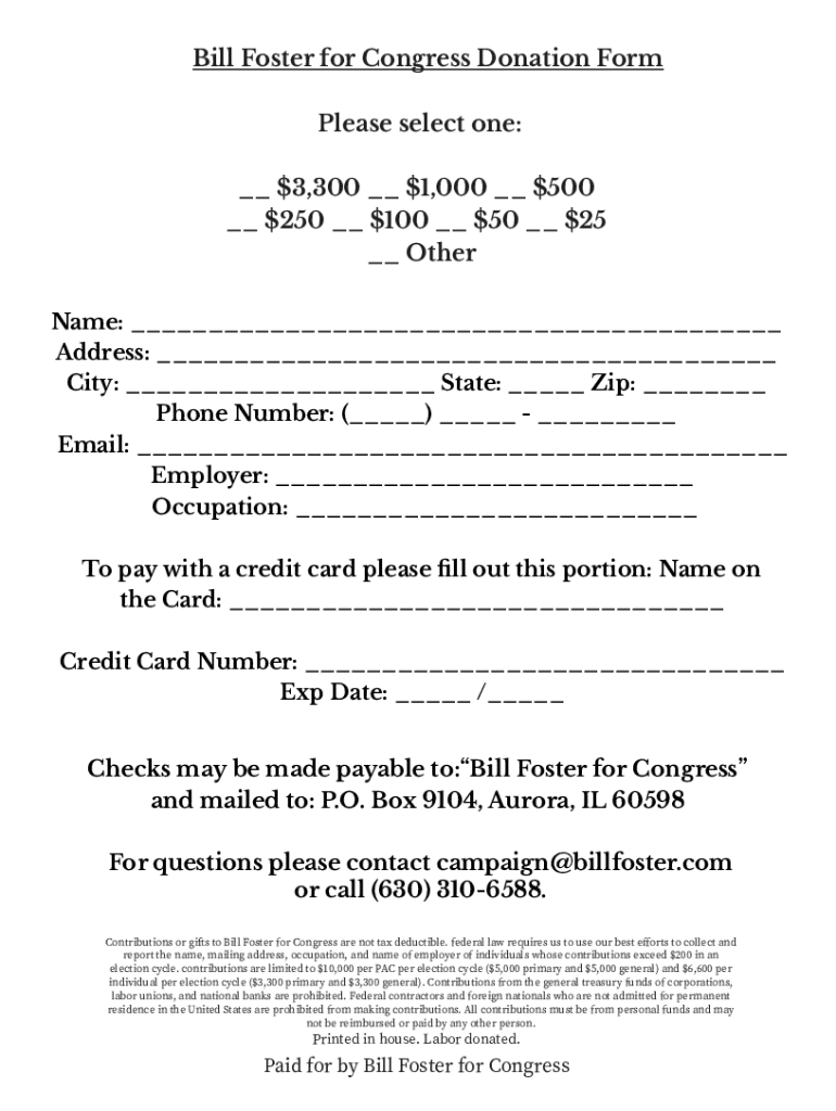 Fillable Online Foster for Congress Donation Form Fax Email Print ...