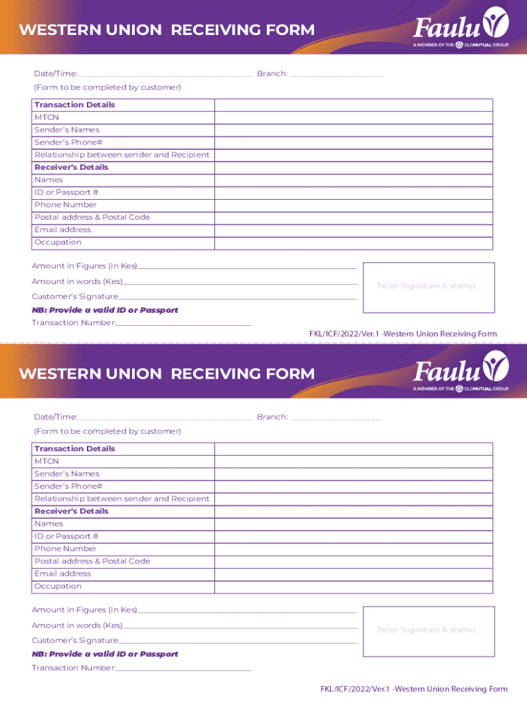 Fillable Online Western Union Receiving Form Fax Email Print - pdfFiller