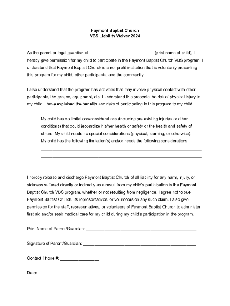 Fillable Online VBS Liability Waiver Fax Email Print - pdfFiller