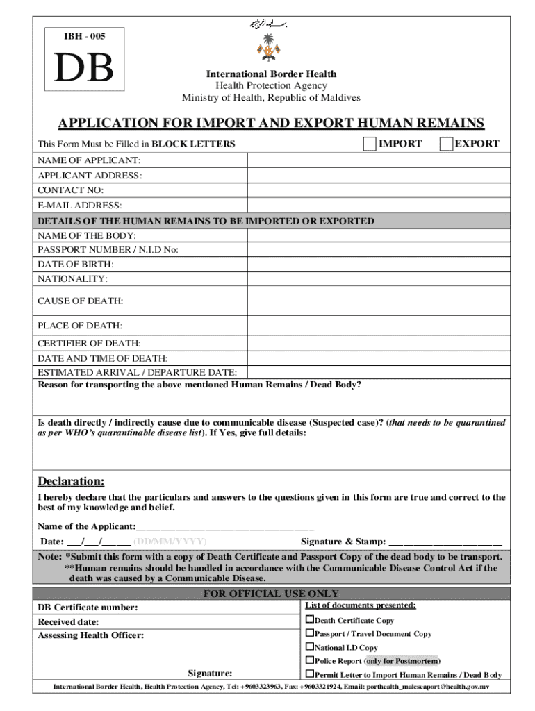 Fillable Online APPLICATION FOR IMPORT AND EXPORT HUMAN ... Fax Email ...