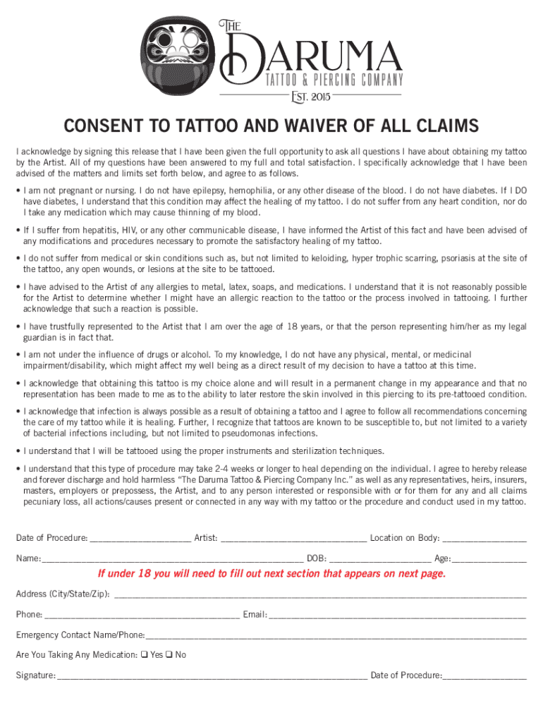 Fillable Online Consent for Application of Tattoo, Release & Waiver of ...