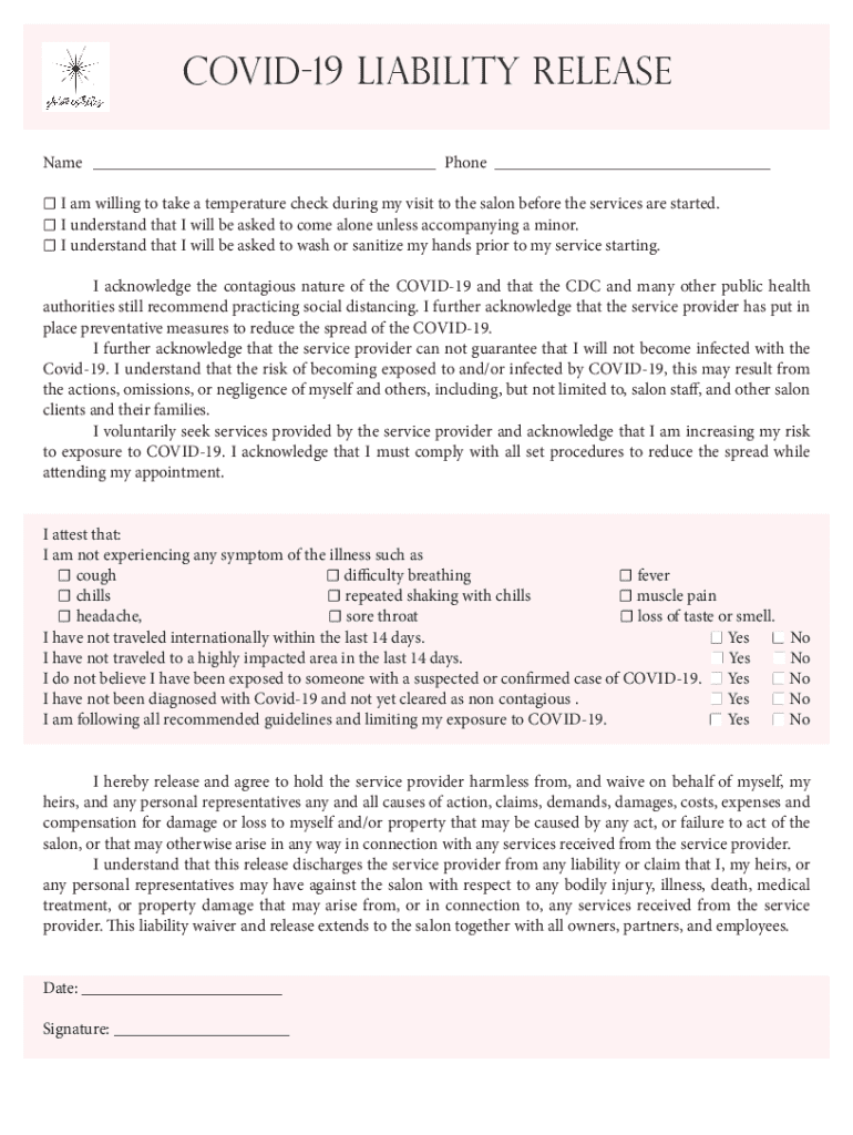 Fillable Online Beauty Salon COVID-19 Liability Waiver Form Template ...
