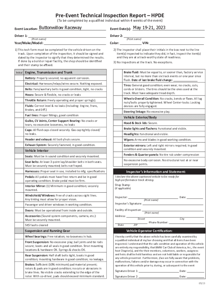 Fillable Online Pre-Event Technical Inspection ReportHPDE Fax Email ...