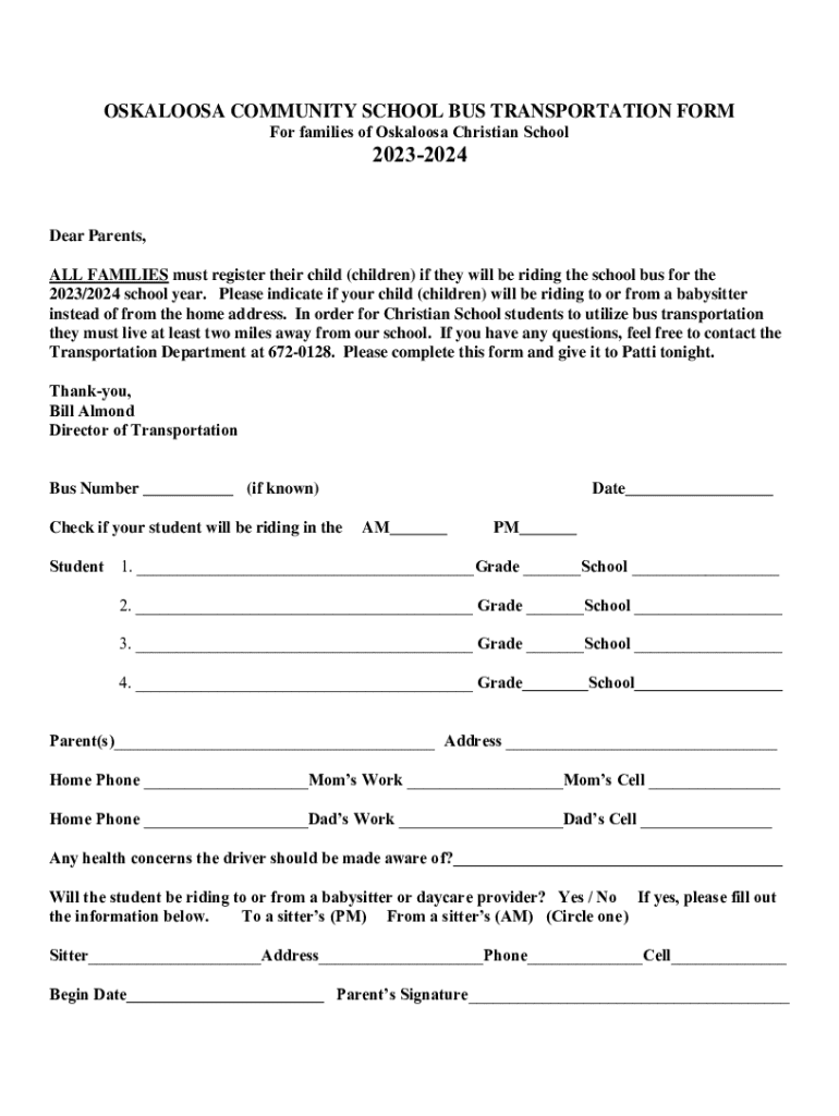 Fillable Online Student Transportation Form for Oskaloosa Community ...