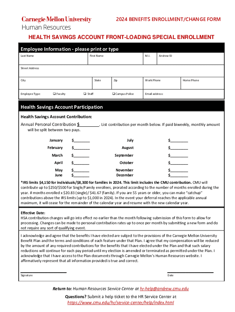 Fillable Online HSA Frontloading Special Enrollment Form Fax Email ...