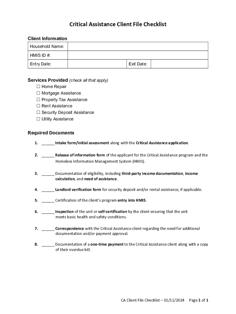 Fillable Online Critical Assistance Client File Checklist Fax Email ...