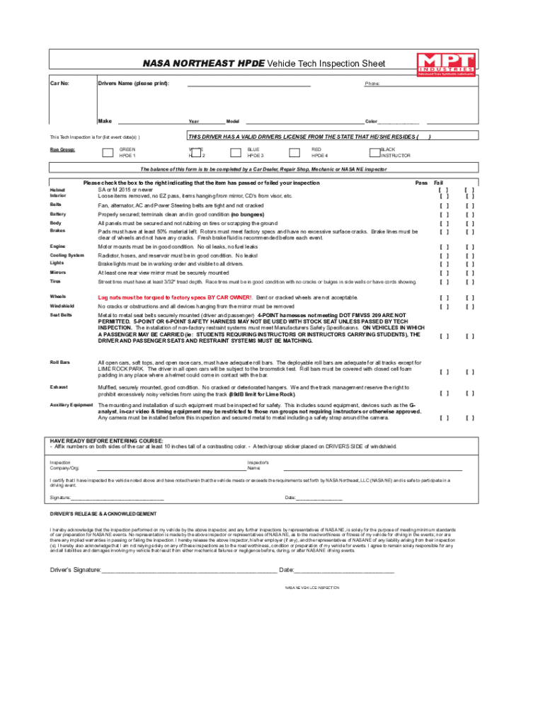 Fillable Online NASA NORTHEAST HPDE Vehicle Tech Inspection Sheet Fax ...