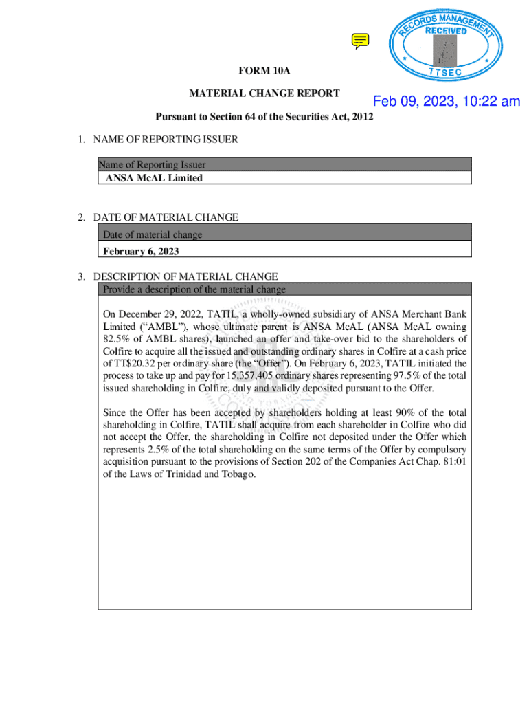 Fillable Online FORM 10A MATERIAL CHANGE REPORT - ANSA McAL Limited ...