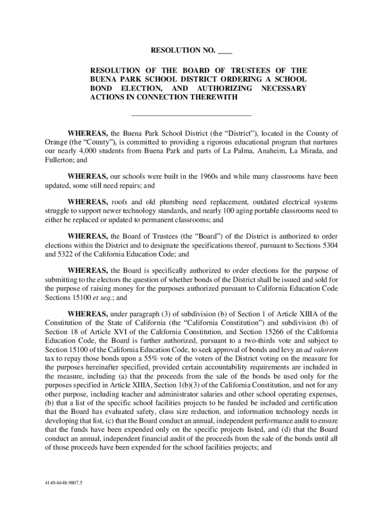 Fillable Online RESOLUTION OF THE BOARD OF TRUSTEES OF THE BUENA ...