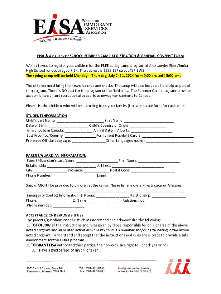 Fillable Online Alex Janvier and EISA Summer Camp Registration Form Fax Email Print - pdfFiller