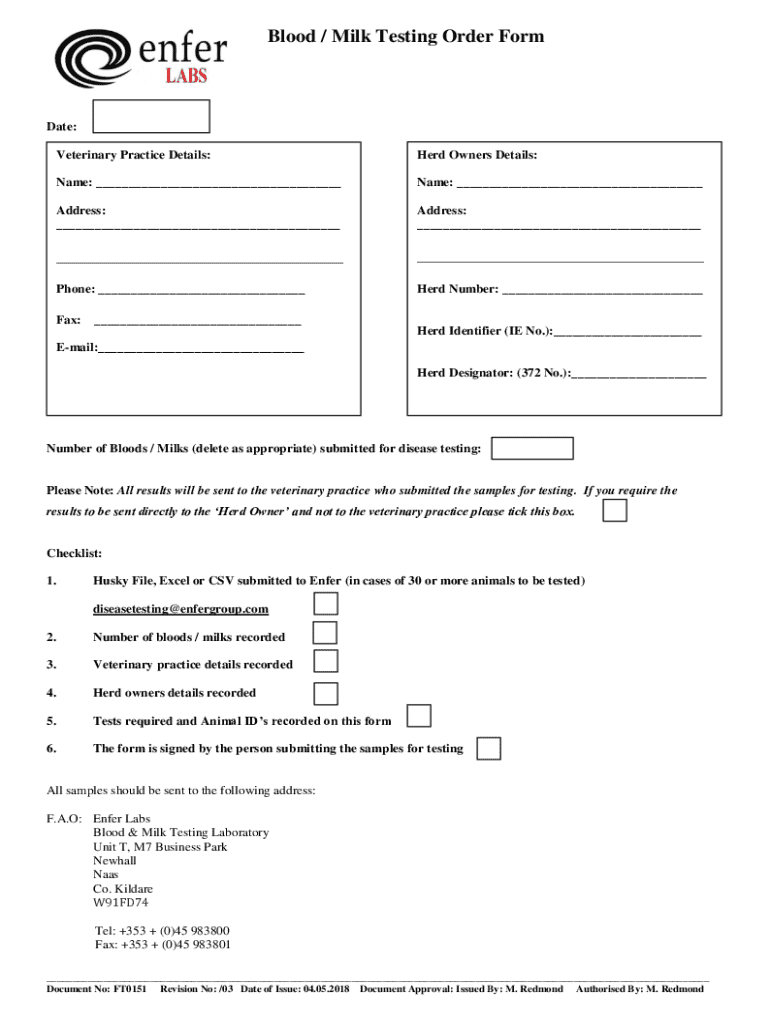 Fillable Online Blood / Milk Testing Order Form Fax Email Print - pdfFiller