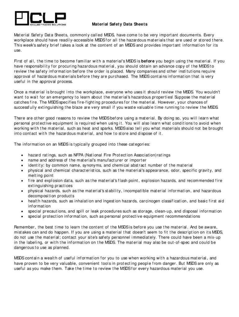 Fillable Online Material Safety Data Sheets, commonly called MSDS, have ...