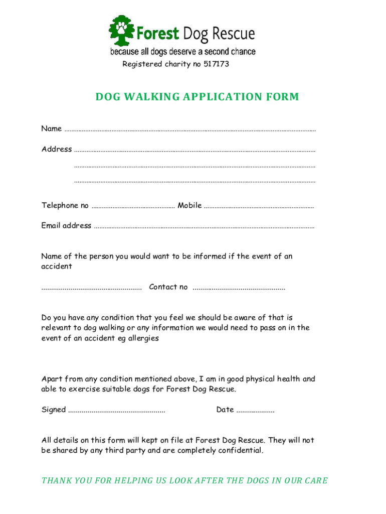 Fillable Online DOG WALKING APPLICATION FORM Fax Email Print - pdfFiller
