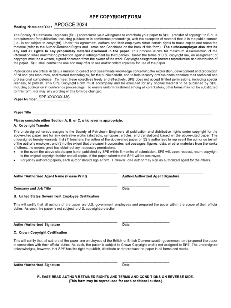 Fillable Online spe temporary transfer of copyright form Fax Email Print - pdfFiller