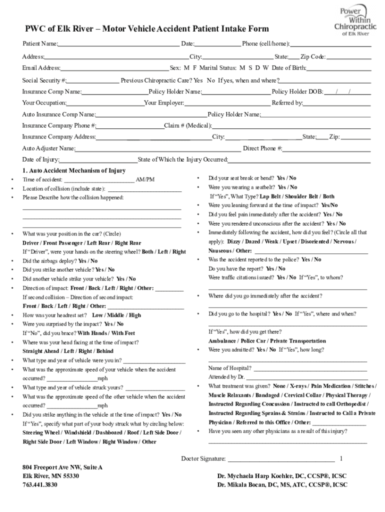 Fillable Online Motor Vehicle Accident Patient Intake Form Fax Email ...