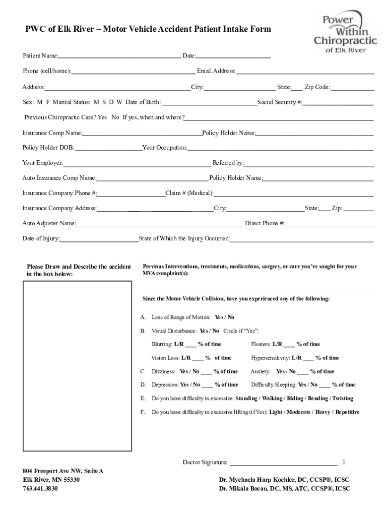 Fillable Online PWC of Elk River Motor Vehicle Accident Patient Intake ...