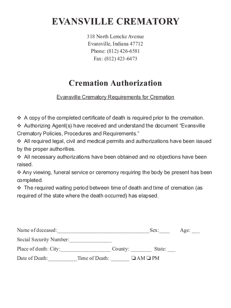Fillable Online Evansville Crematory - Funeral Services & Cemeteries Fax Email Print - pdfFiller