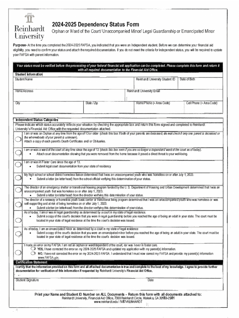 Fillable Online Dependency Status - Office of Student Financial Aid Fax Email Print - pdfFiller
