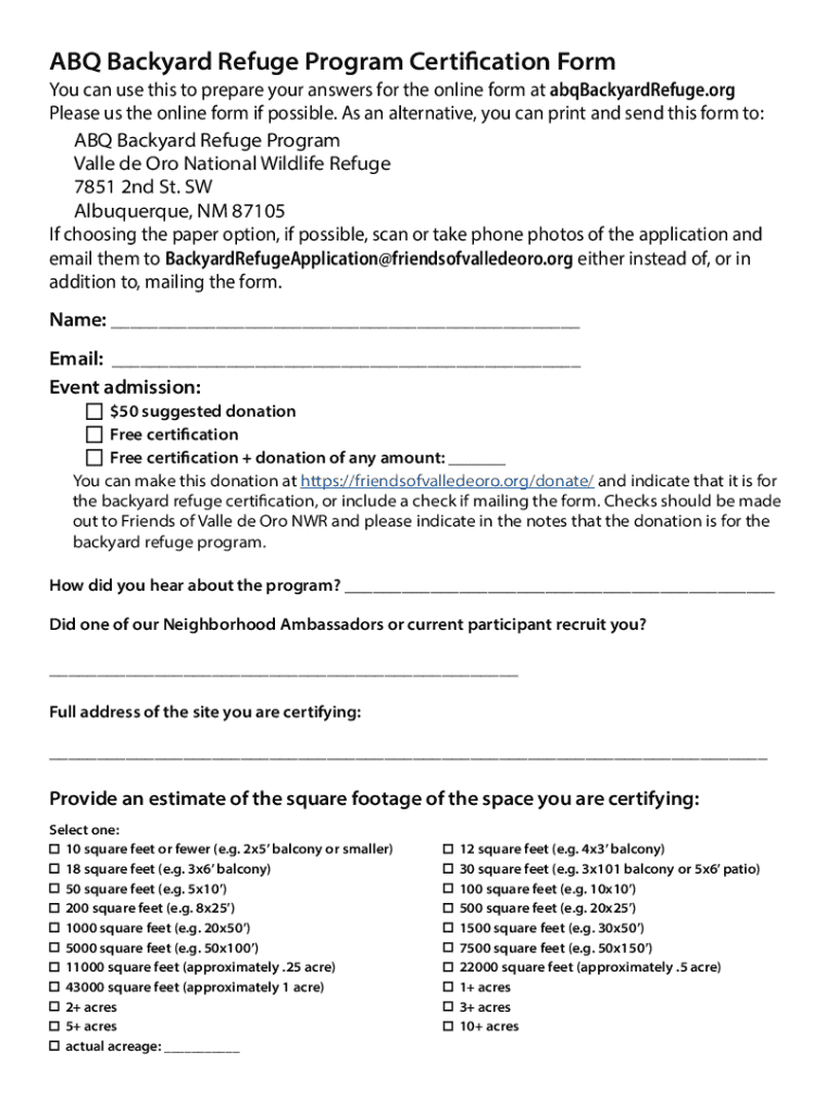 Fillable Online ABQ Backyard Refuge Program Certification Form Fax ...