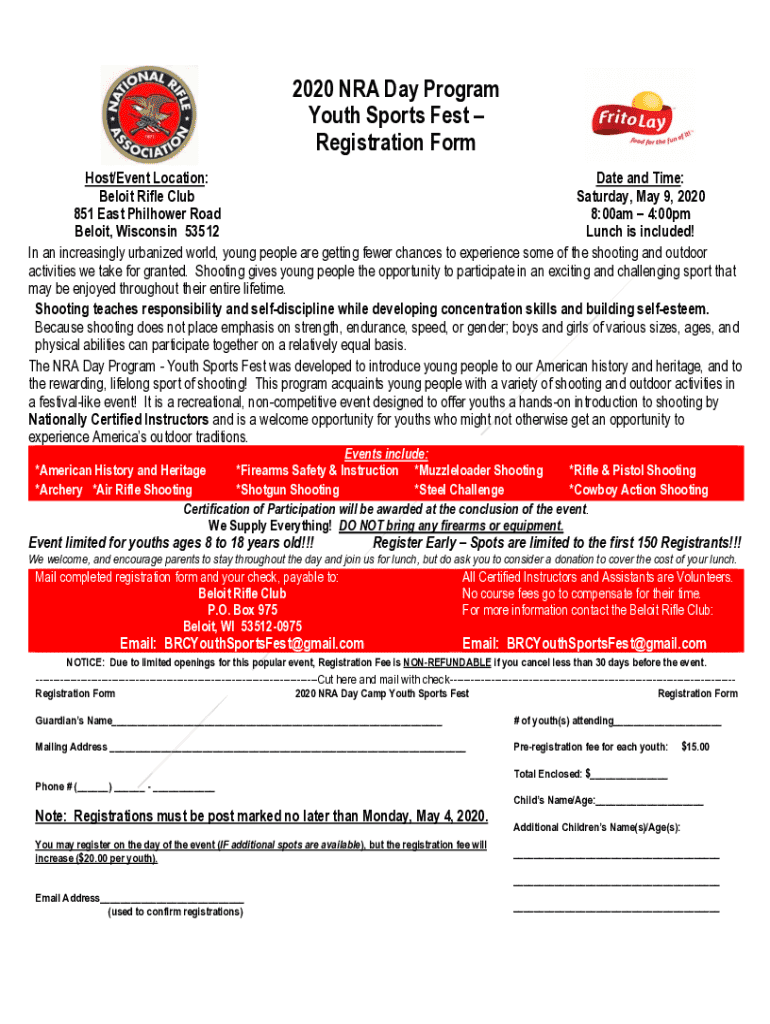 Fillable Online 2020 NRA Day Program Youth Sports FestRegistration Form ...