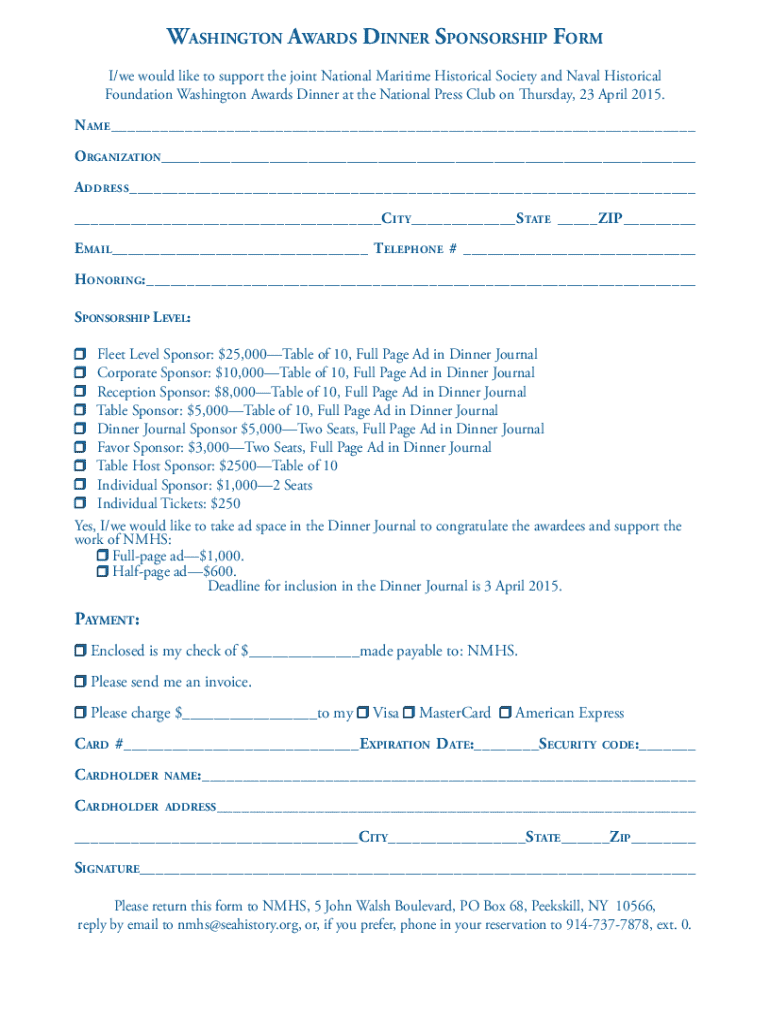 Fillable Online Washington Awards Dinner Registration Form Fax Email ...